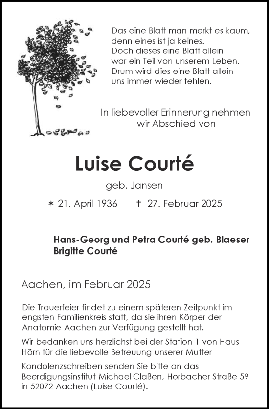 Traueranzeigen von Luise Courté | Aachen gedenkt