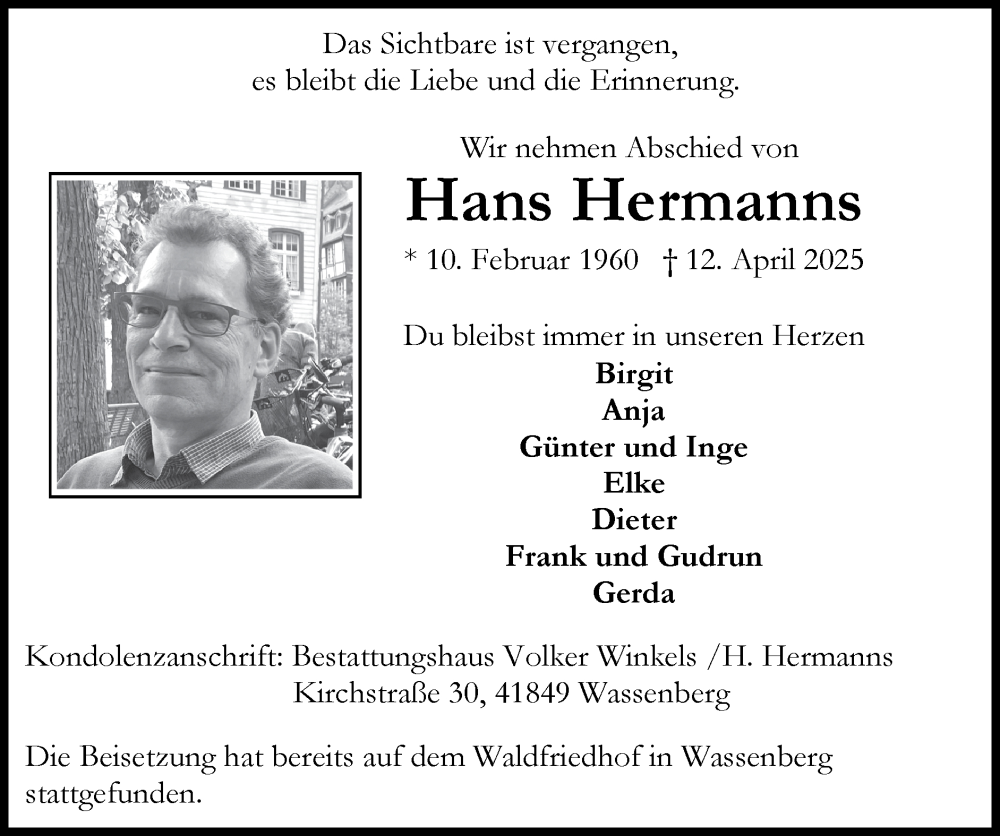 Traueranzeigen von Hans Hermanns | Aachen gedenkt