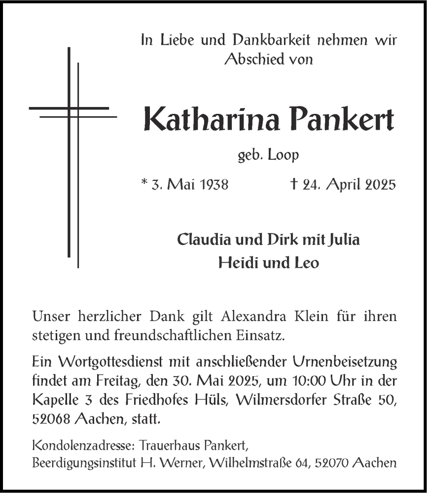 Traueranzeigen von Katharina Pankert | Aachen gedenkt