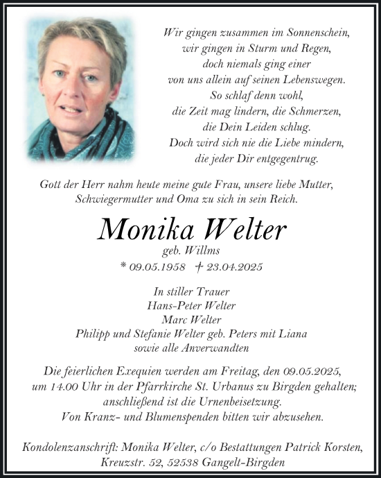 Traueranzeigen von Monika Welter | Aachen gedenkt