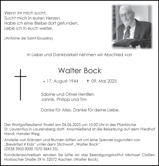 Traueranzeigen von Walter Bock | Aachen gedenkt