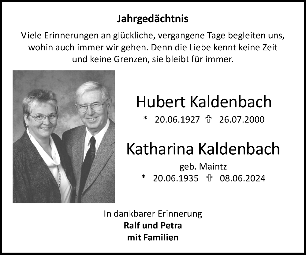 Traueranzeigen von Hubert Kaldenbach | Aachen gedenkt