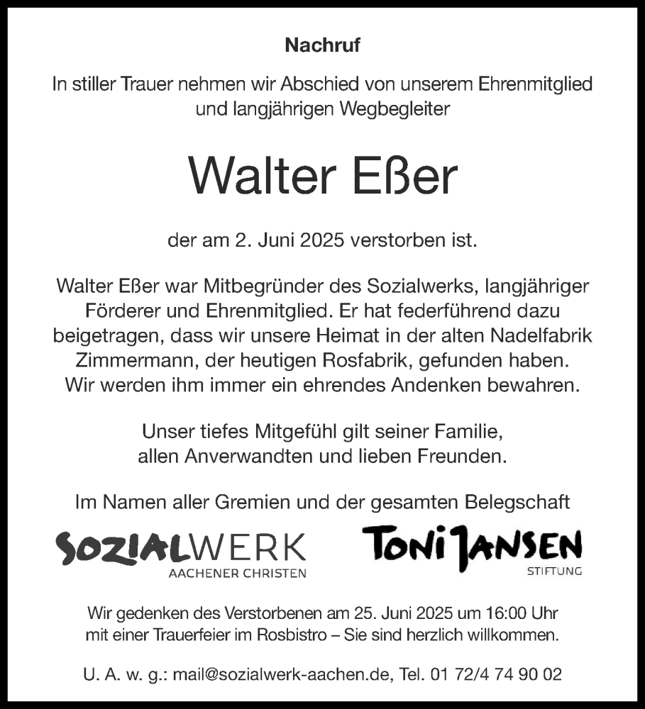 Traueranzeigen von Walter Eßer | Aachen gedenkt