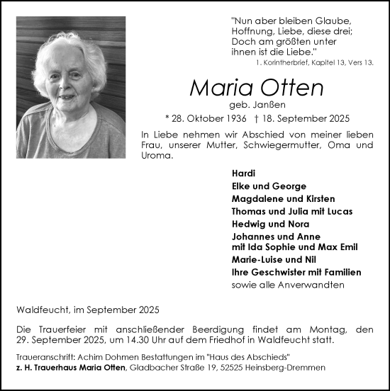 Traueranzeigen von Maria Otten | Aachen gedenkt